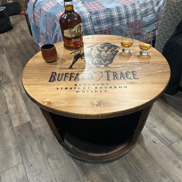 Custom Whiskey Barrel Table With Liquor Storage – Rustic Reclaimed Wood ...