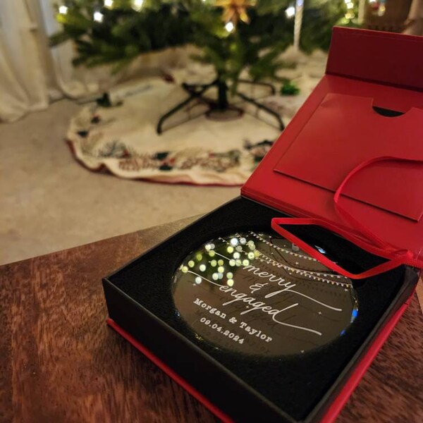 Personalized Merry and Engaged GLASS Ornament - Christmas Engagement ...