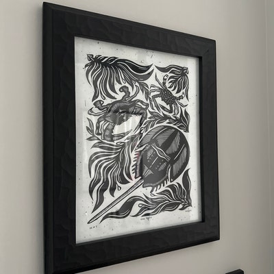 Crab Party Linocut Block Print Crustacean Ocean Life Horseshoe Crab ...