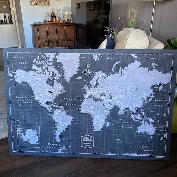 Push Pin World Map - Modern Personalized Cork Canvas Gift (modern Slate ...