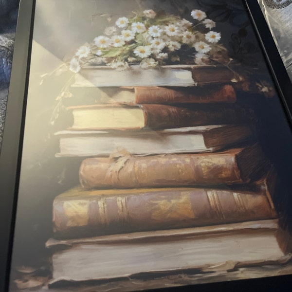 Book Stack Art Rustic Spring Wall Art Farmhouse Spring Print Spring Decor Dark Academia Decor ...