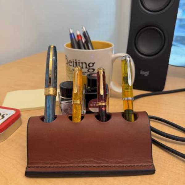 Pen Holder for Desk, Executive Fountain Pen Case, Green Leather 2 Pen ...
