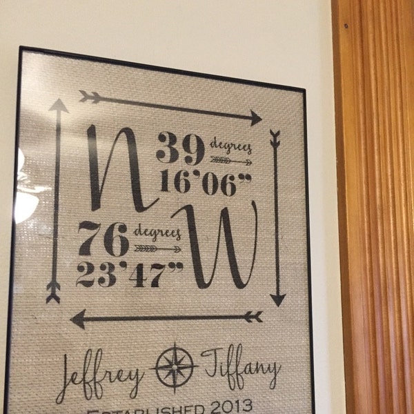 Personalized Wedding Gift for Couple | Latitude Longitude Sign | Burlap ...