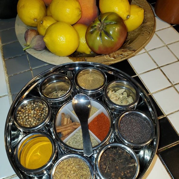 Stainless Steel Indian Spice Box, Steel Masala Dabba 12 Spices, Lid ...