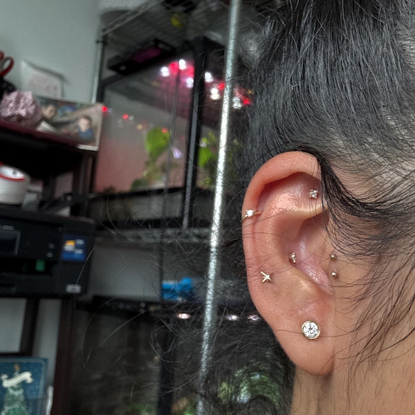 14K Solid Gold Single Stone Fishtail Nose Bone Stud Piercing, 24gauge ...