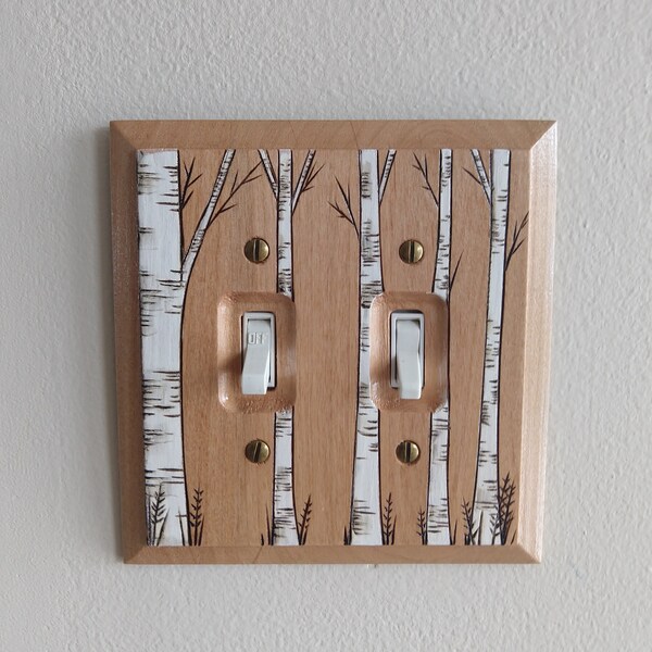 Wooden Triple Light Switch Cover With Wood Burned & Water Colored Birch ...