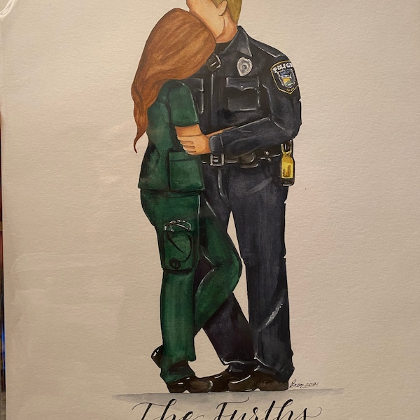 First Responder Couple Watercolor. Nurse and Police Officer Watercolor ...