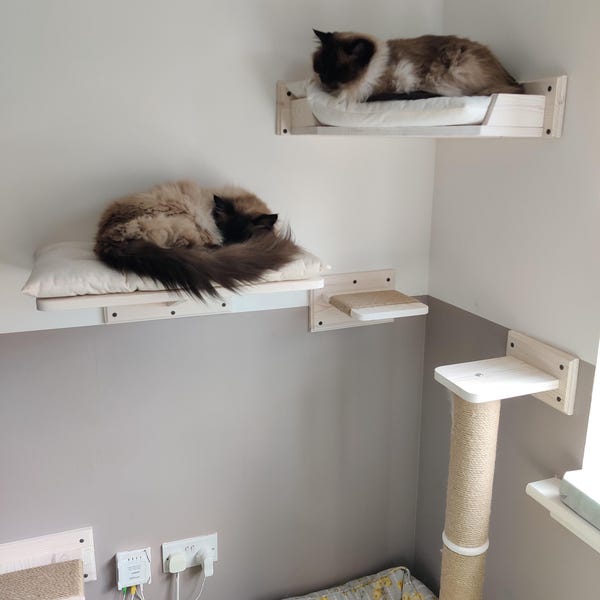 Corner Cat Bed Wall Mounted, Cat Shelf With Cushion, Wood Indoor Cat ...