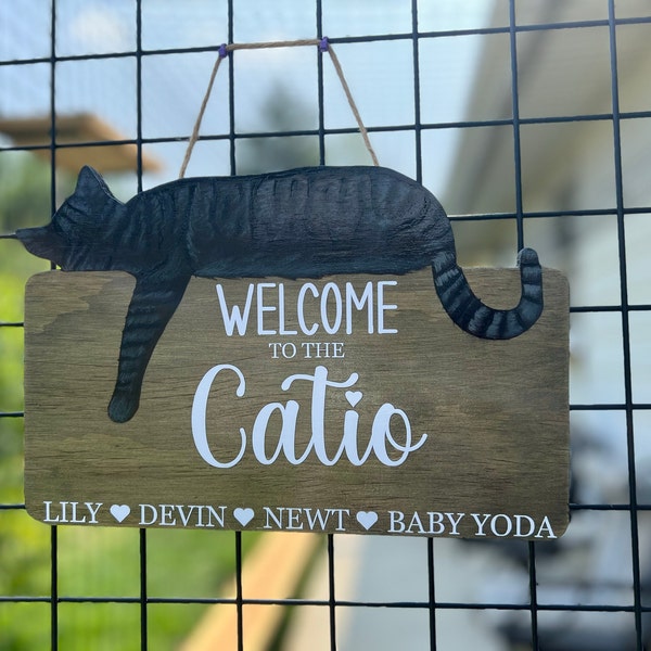Hand Painted Welcome to the Catio Sign, Wood Cat Shaped Sign, Hanging ...