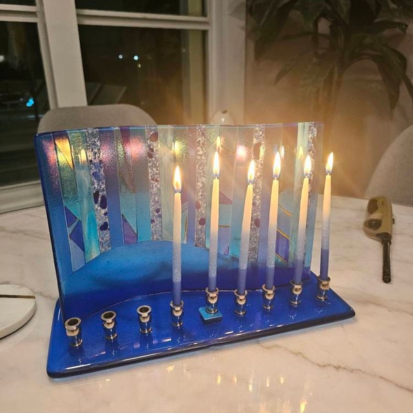 Blue Forest Menorah, Art Glass Menorah, Handmade, Art Glass, Judaica ...