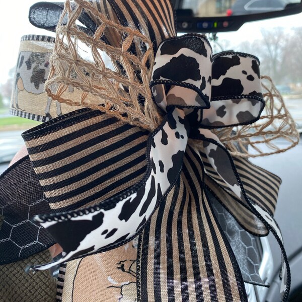 Farmhouse Bow, Black Bow, Burlap Bow, Cow Bow, Chicken Wire Bow, Wreath ...