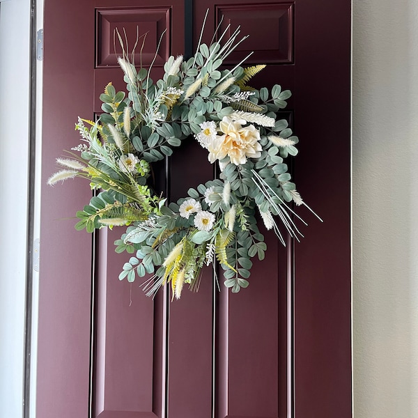 Neutral Fall Sunflower Wreath for Door, Wildflower Wreath, Cream and ...