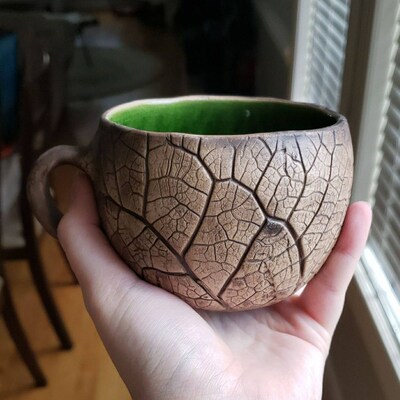 Ceramic Mug With Leaves Impressions Pottery Mug Handmade, Leaf Mug ...
