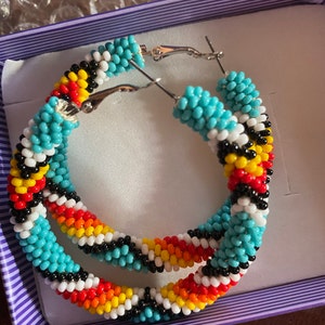 Beaded Royal Blue Native American Style Hoop Earrings Big | Etsy