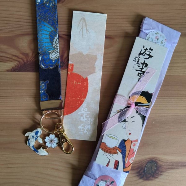 Kawaii Red Japanese Keyfob Wristlet, Kimono Keyring Keychain, Flower ...