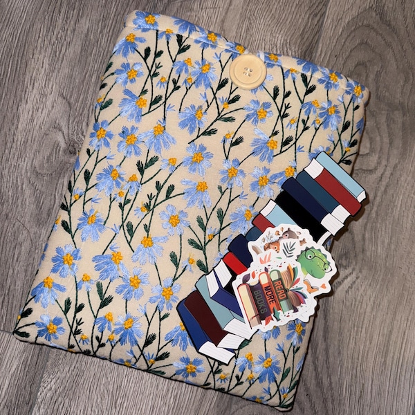 Blue Beige Daisy Embroidered Book Sleeve, Kindle Sleeve, Ereader Cover ...