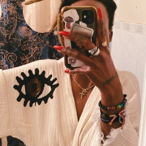 Turkish Cotton Green Evil Eye Kimono, Cardigan Robe, Evil Eye Ethnic ...