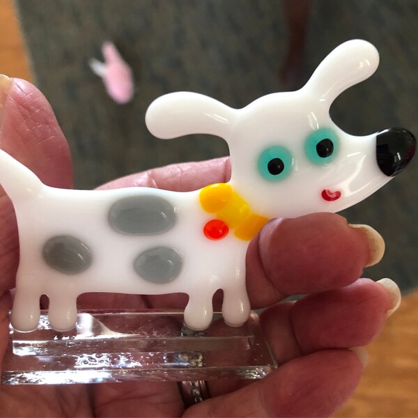 Fused Glass Dog With Yellow Collar, Dog Figurine, Dog Gift, White Dog ...
