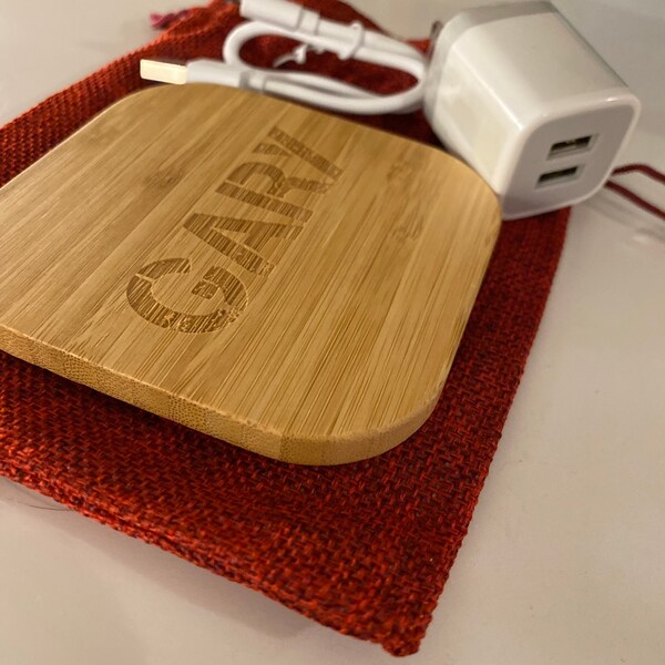 Personalized Bamboo Wireless Charger, Qi Charging Pad Text Logo. iPhone ...
