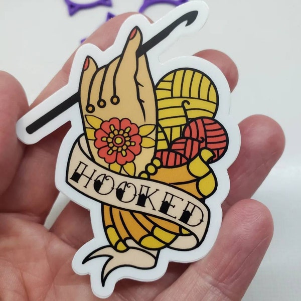 Funny Crochet Hooked Tattoo Flash Inspired Vinyl Sticker, Crocheter ...