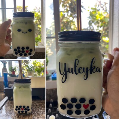 Personalized Boba Mug With Lid and Heart-shaped Straw. Bubble Tea. Boba ...