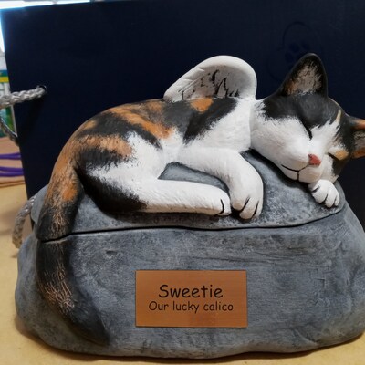 Ceramic Engraved Painted Calico Cat 2 Piece Cremation Urn With Plastic ...