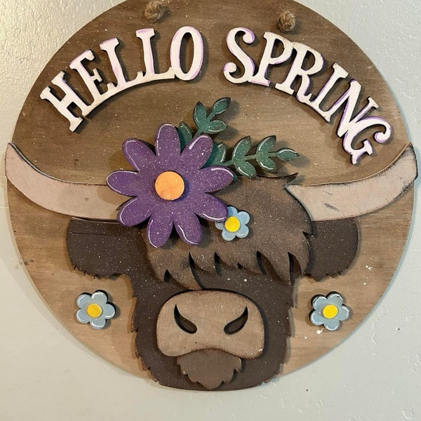 Hello Spring Highland Cow Sign, DIGITAL Download, Round Door Hanger Svg ...