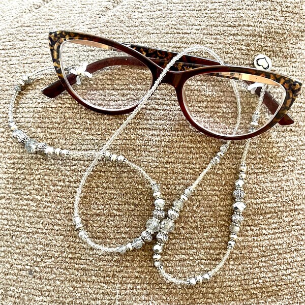 Eyeglass Chain, Silver on Silver, Luxury Glasses Chain, Beaded Glasses ...