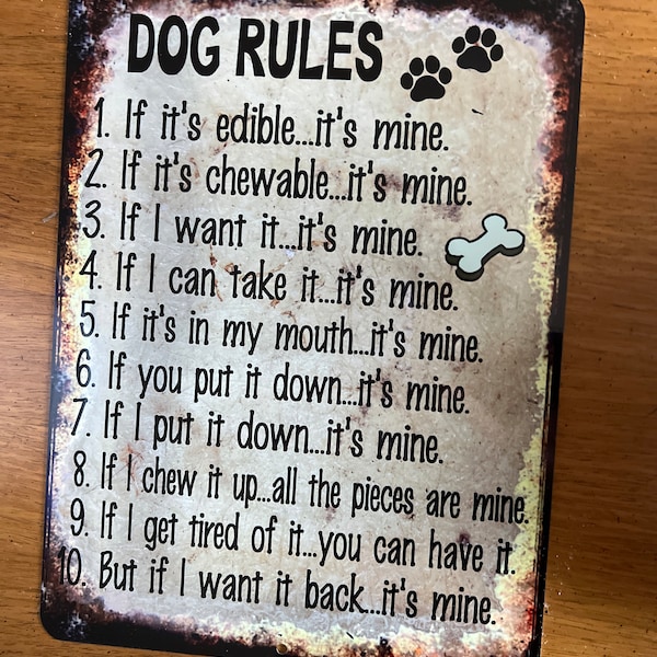 Dog Rules Funny Novelty Metal Sign 9x12 / Animal Pet Owners Lovers ...