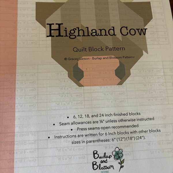 Highland Cow Quilt Block Pattern Animal PDF -includes Instructions for ...