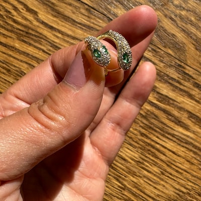 14K Solid Gold Snake Earrings, Green Eye Snake Hoop Earrings, Serpent ...