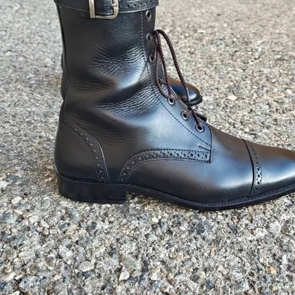 Men's Genuine Tan Leather Military Style Long Boots Custom Made Tall ...