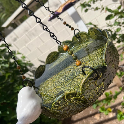 Hand Built Hanging Pottery Bird Bath. Textured With Bird Attached. Your ...
