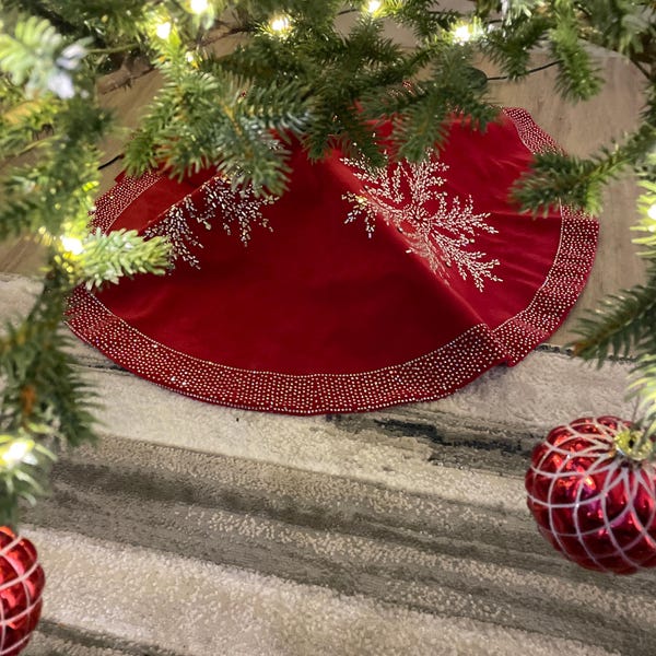 Embroidered Christmas Tree Skirt Red Velvet Gold Tassel | Can Be ...