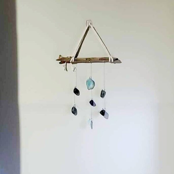 Rock Wall Hanging, Lake House Wall Art, Driftwood and Sea Glass, Rustic ...