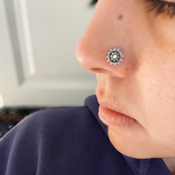 Crescent Moon Silver Nath Left Nose Piercing, Unique Oxidized Nose Ring ...