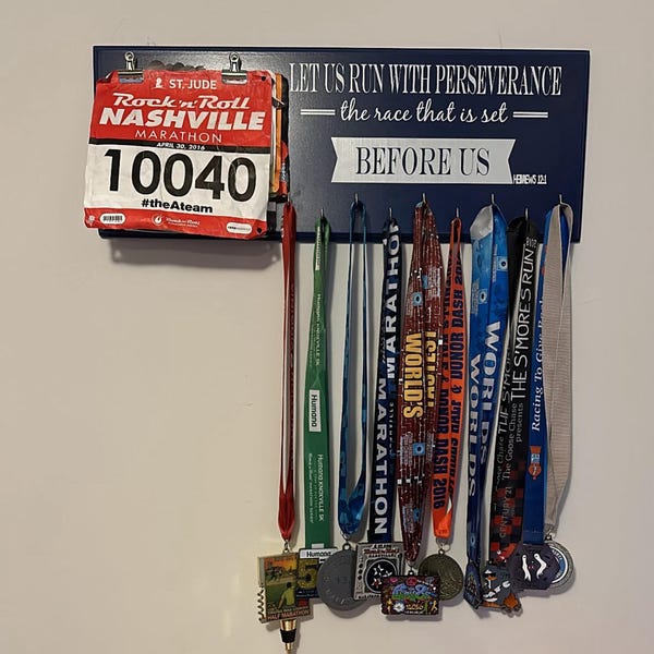 HEBREWS 12 1 Bible Verse Quote Running Medal HOLDER and Race Bib Hooks ...