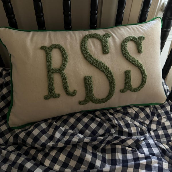 Monogram Embroidered Pillow, Initial Punch Needle Pillow, Custom Lumbar ...