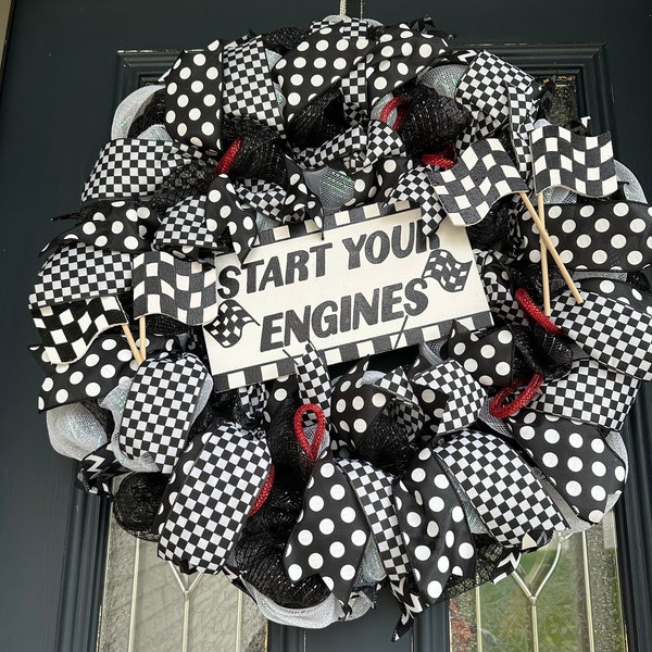 Racing Wreath, Race Car Wreath, Black White Wreath, Race Car Decor ...