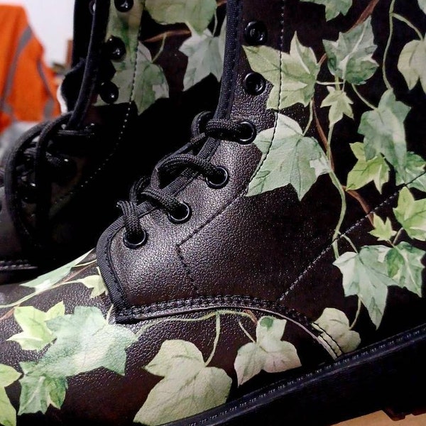 Green Ivy Boots, Summer Combat Boots, Boho Leaves, Black and Green ...