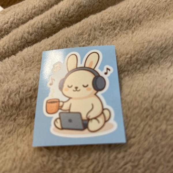 Kawaii Bunny Sticker – Cute Relaxed Rabbit With Headphones, Coffee ...