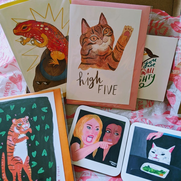 High Five Tabby Cat Greetings Card - Cute Cat Illustration ...