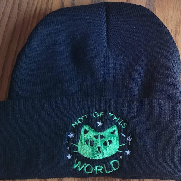 Not of This World, Alien Cat Embroidered Beanie, Adult Unisex, Cuffed ...