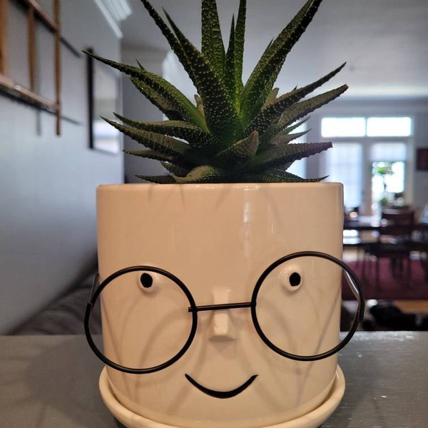 Head Ceramic Face Planter With Glasses | Planter With Drainage and ...