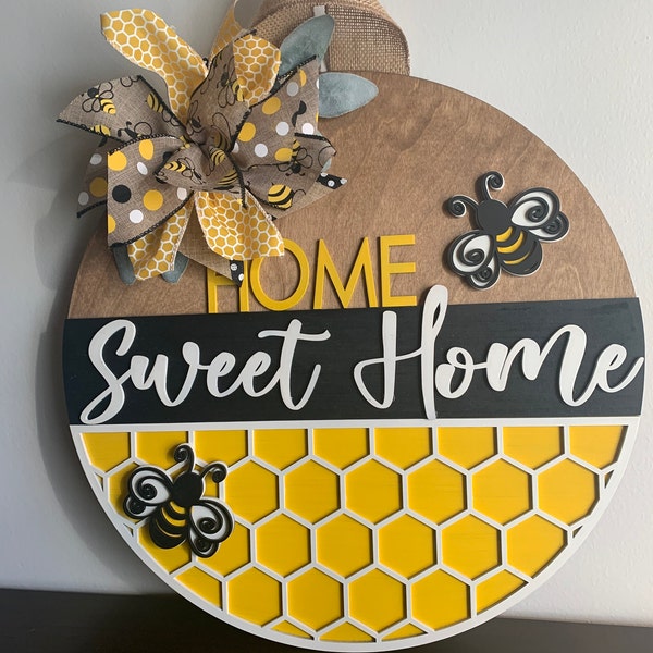 Front Door Decor, Home Sweet Home With Bees, Door Hanger, Bee Lover ...