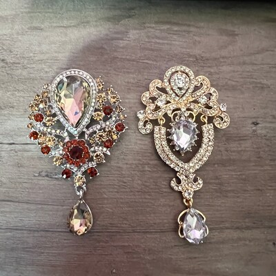 Gold Tone Rhinestone Flat Back Brooch Swinging Drop Pin Clear Crystal ...