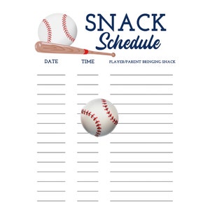 Printable Baseball Snack Schedule Sign up Sheet Digital 8.5x11 Tball ...