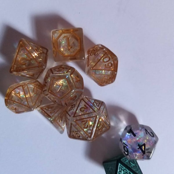 Arcane Gate Sparkling Prismatic Foil Effect Dice Set Golden Translucent ...