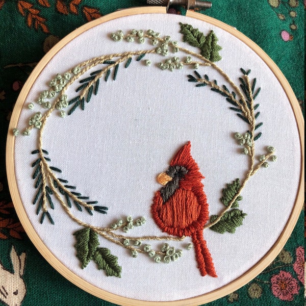 PDF Pattern - 8" Cardinal Wreath - Step by Step Beginner Embroidery ...