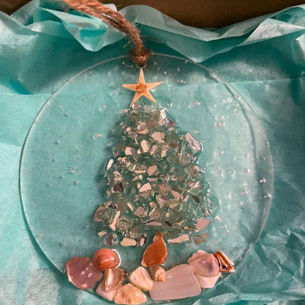 Aqua Christmas Tree Ornament – Iridescent Shell Beach, Handmade Resin ...